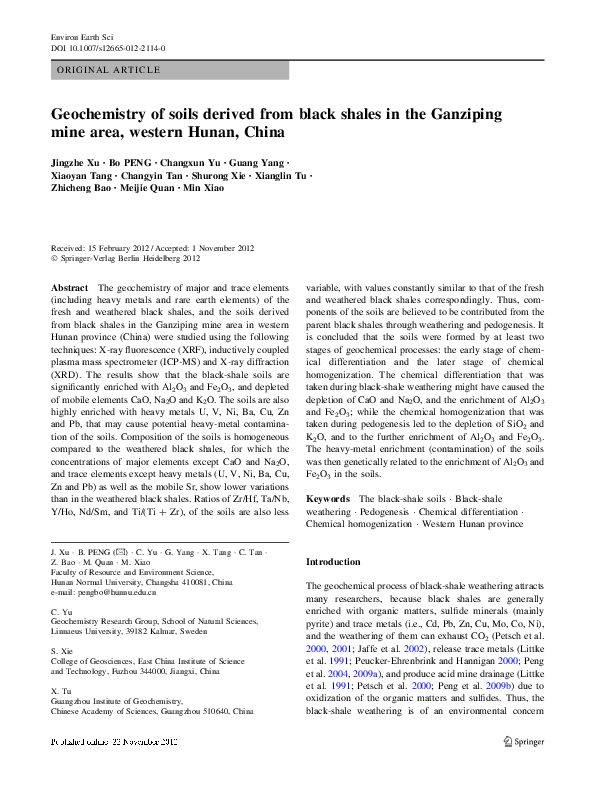 (PDF) Geochemistry of soils derived from black shale, central Hunan, China