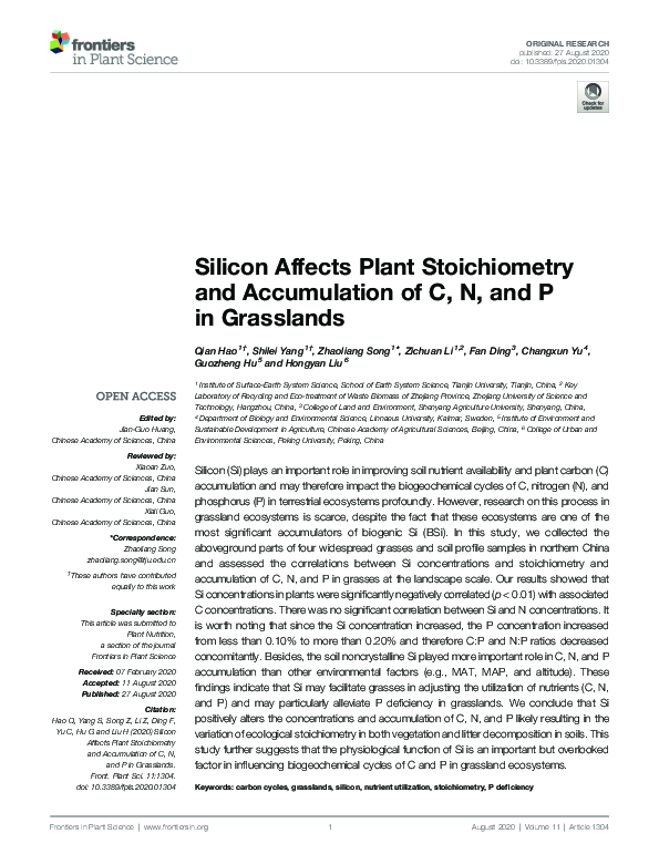 (PDF) Silicon Affects Plant Stoichiometry and Accumulation of C, N, and P in Grasslands