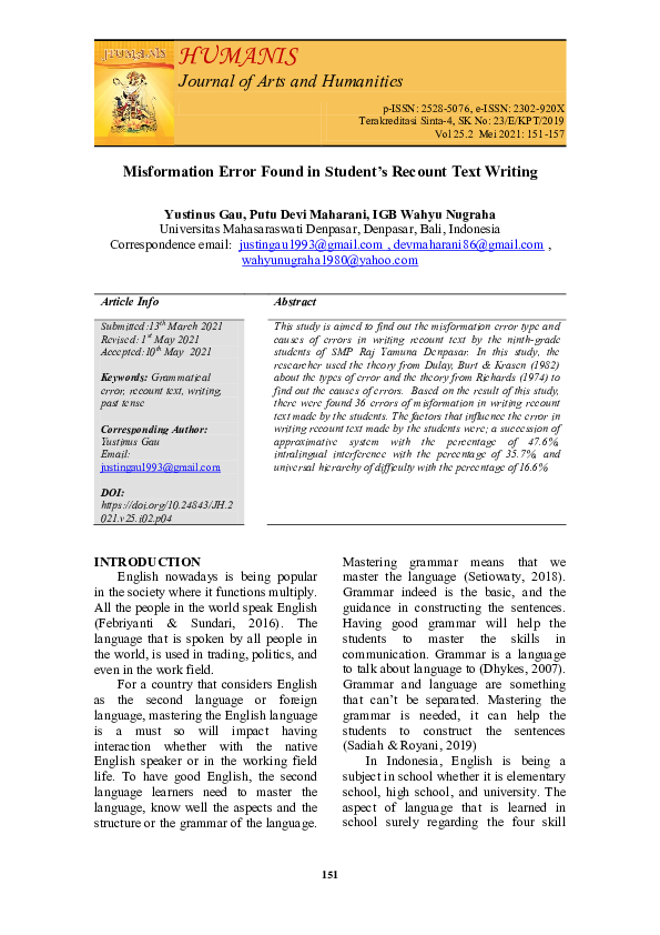 (PDF) Misformation Error Found in Student’s recount text Writing