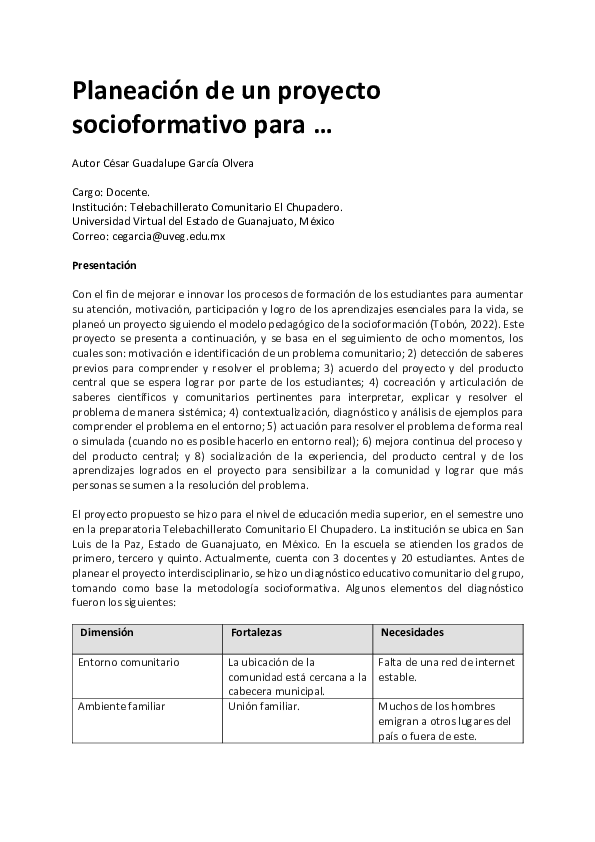 (PDF) Planeación de un proyecto socioformativo para