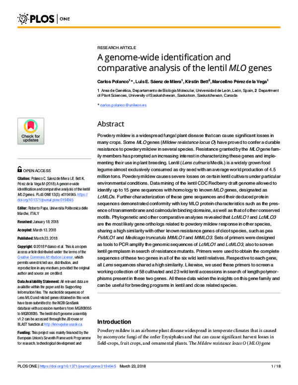 (PDF) A genome-wide identification and comparative analysis of the lentil MLO genes