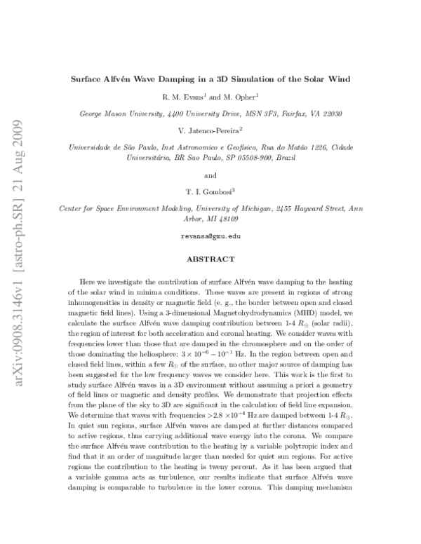 (PDF) Surface Alfven Wave Damping in a 3D Simulation of the Solar Wind