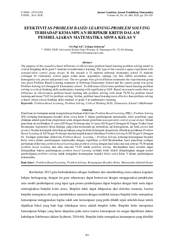 (PDF) Efektivitas Problem Based Learning-Problem Solving Terhadap Kemampuan Berpikir Kritis ...