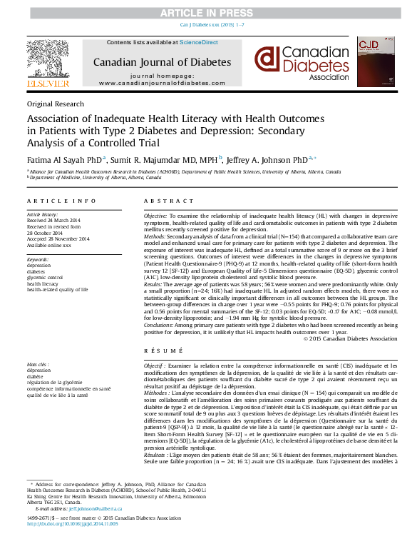 (PDF) Association of Inadequate Health Literacy with Health Outcomes in ...