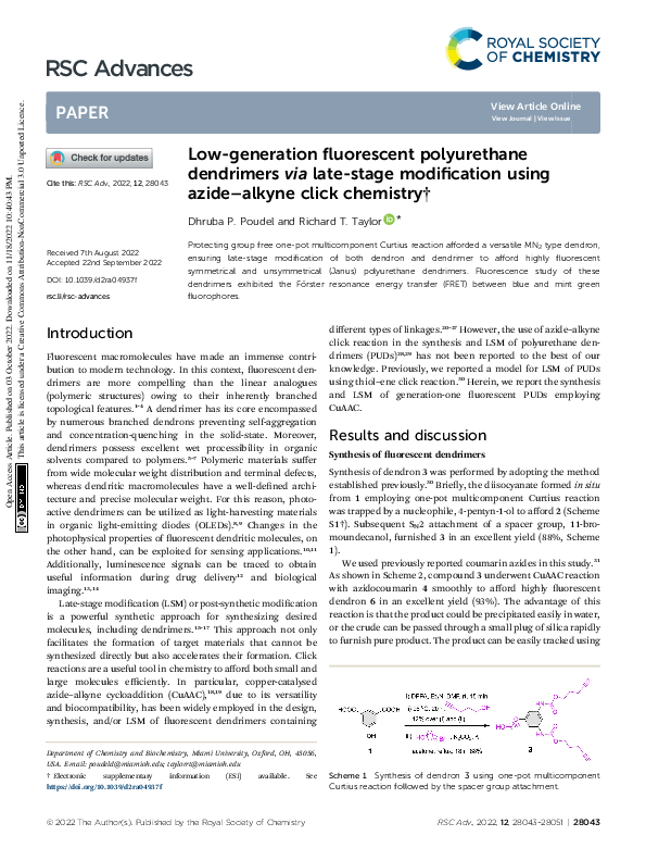 (PDF) Low-generation fluorescent polyurethane dendrimers via late-stage modification using azide ...