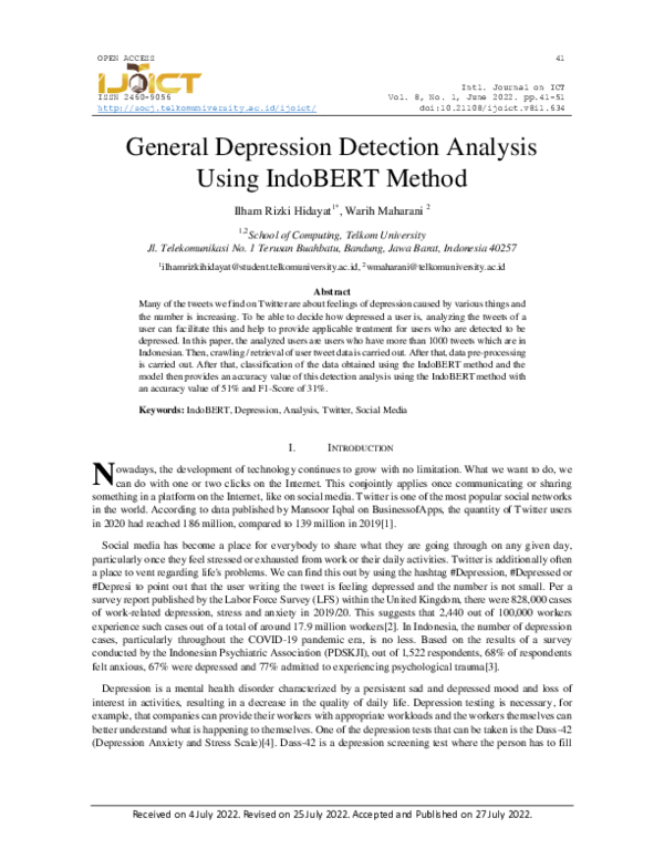 (PDF) General Depression Detection Analysis Using IndoBERT Method