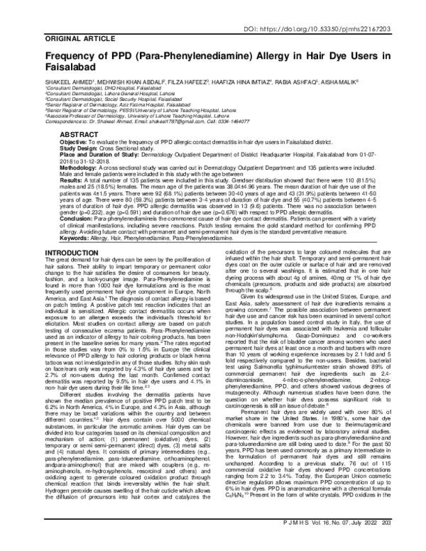 (PDF) Frequency of PPD (Para-Phenylenediamine) Allergy in Hair Dye ...