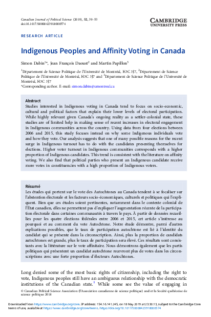 (PDF) Indigenous Peoples and Affinity Voting in Canada