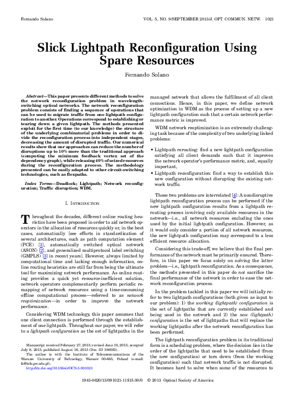 (PDF) Slick Lightpath Reconfiguration Using Spare Resources