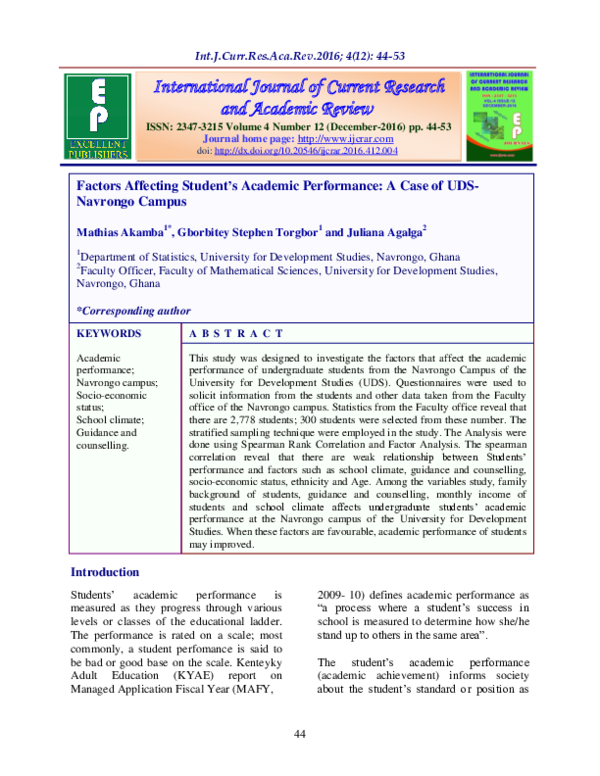 (PDF) Factors Affecting Student’s Academic Performance: A Case of UDS ...