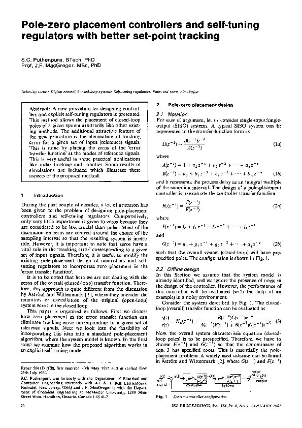 (PDF) Pole-zero placement controllers and self-tuning regulators with ...