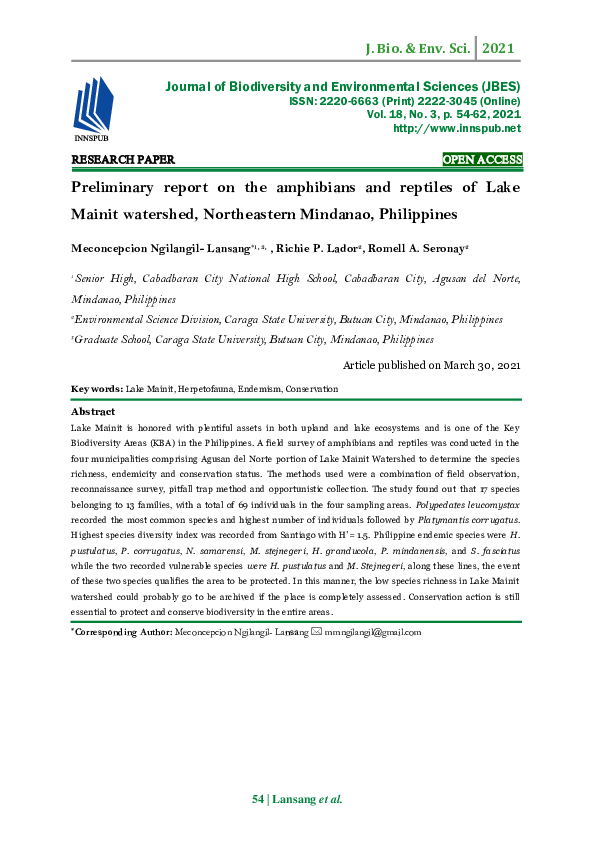 (PDF) Preliminary report on the amphibians and reptiles of Lake Mainit ...