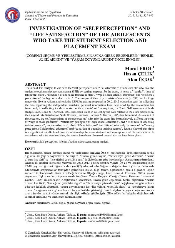 (PDF) Investigation of “self perception” and “life satisfaction” of the ...