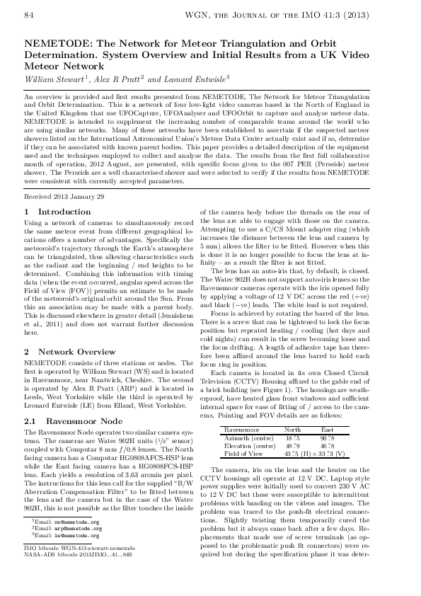 Pdf Nemetode The Network For Meteor Triangulation And Orbit
