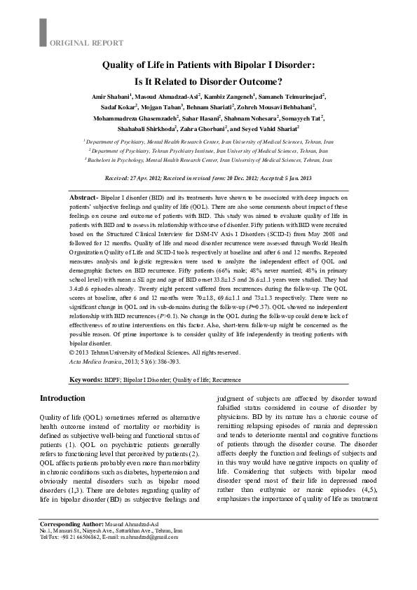 (PDF) Bipolar I Disorder: QoL and Outcome Relations