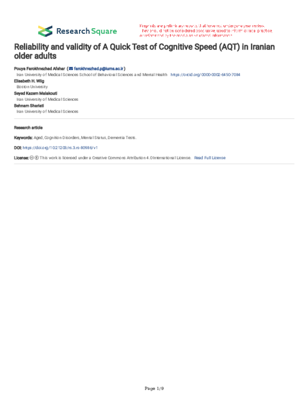 (PDF) Reliability and validity of A Quick Test of Cognitive Speed (AQT ...