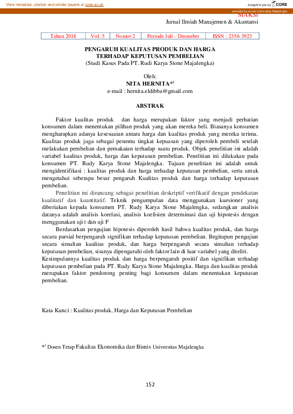 (PDF) PENGARUH KUALITAS PRODUK DAN HARGA TERHADAP KEPUTUSAN PEMBELIAN (Studi Kasus Pada PT. Rudi ...