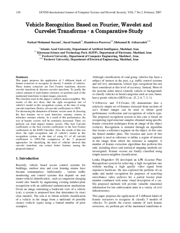 Pdf Vehicle Recognition Based On Fourier Wavelet And Curvelet