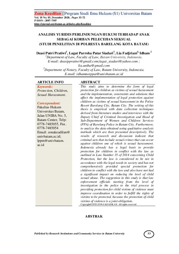 (PDF) Analisis Yuridis Perlindungan Hukum Terhadap Anak Sebagai Korban Pelecehan Seksual (Studi ...