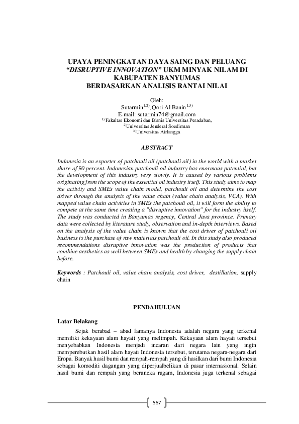 (PDF) Upaya Peningkatan Daya Saing Dan Peluang“Disruptive Innovation” Ukm Minyak Nilam ...