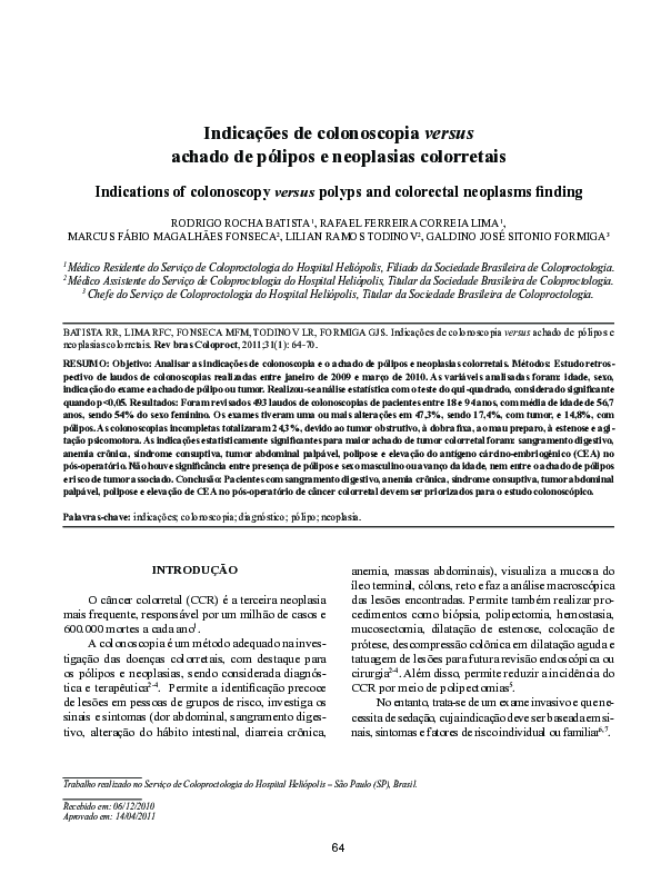 (PDF) Indicações de colonoscopia versus achado de pólipos e neoplasias ...