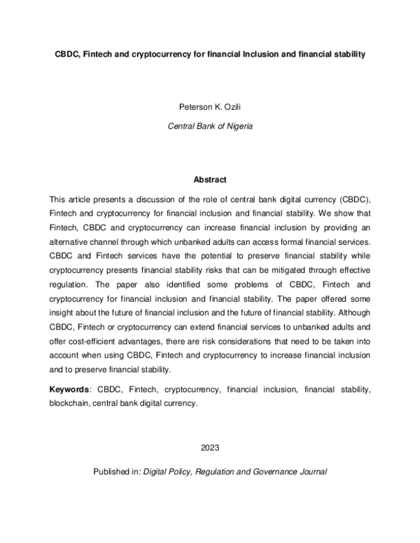(PDF) CBDC, Fintech and cryptocurrency for financial Inclusion and ...