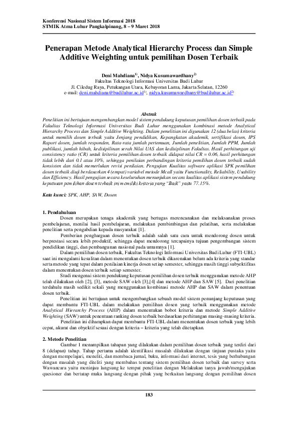 (PDF) Penerapan Metode Analytical Hierarchy Process dan Simple Additive Weighting untuk ...