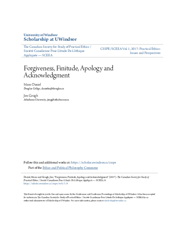 (PDF) Forgiveness, Finitude, Apology and Acknowledgment | Mano Daniel ...