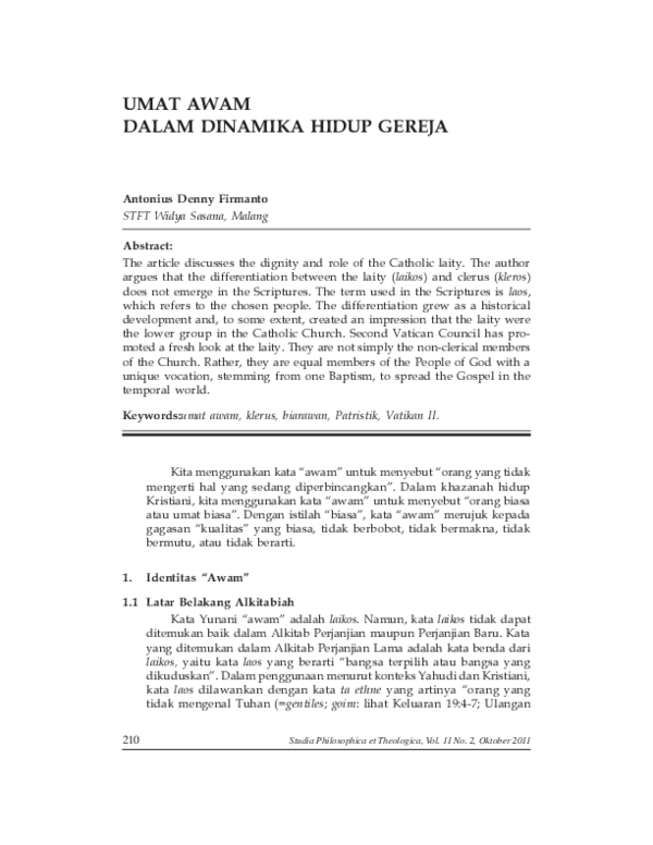 (PDF) Umat Awam Dalam Dinamika Hidup Gereja