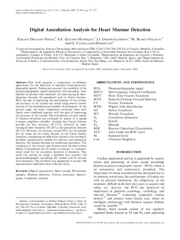 Pdf Digital Auscultation Analysis For Heart Murmur Detection