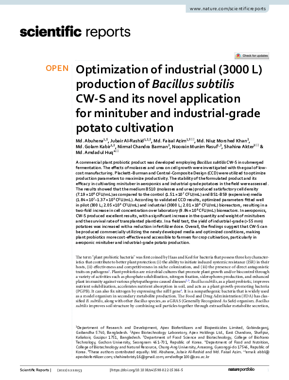 (PDF) Optimization of industrial (3000 L) production of Bacillus subtilis CW-S and its novel ...