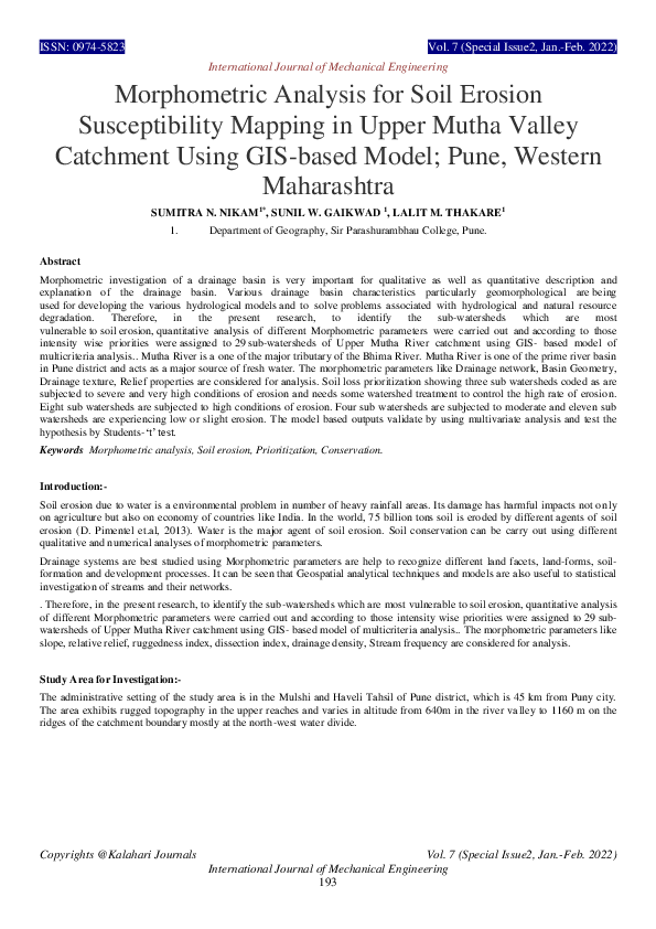 (PDF) Morphometric Analysis for Soil Erosion Susceptibility Mapping in Upper Mutha Valley ...