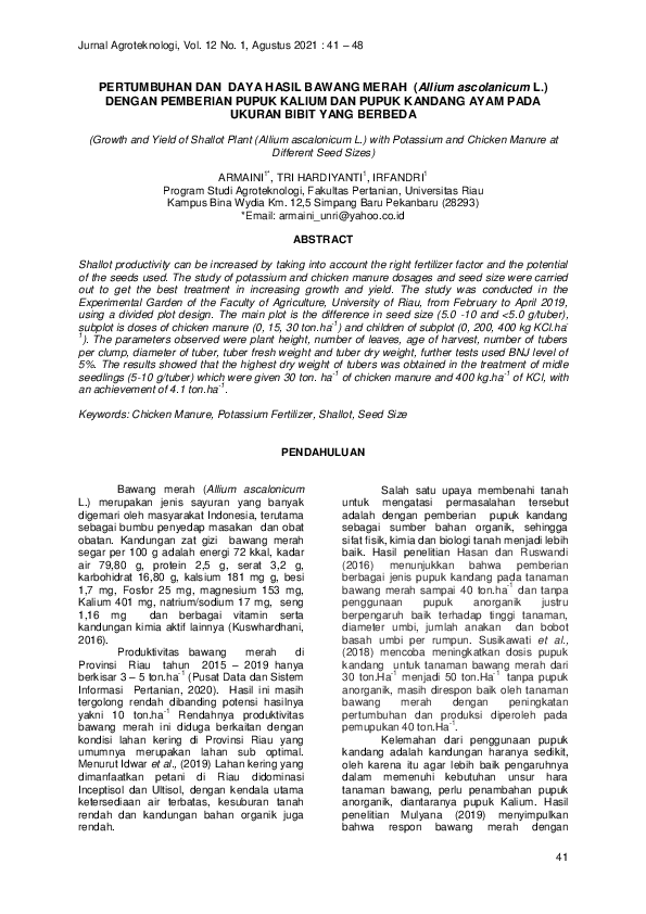 (PDF) PERTUMBUHAN DAN DAYA HASIL BAWANG MERAH (Allium ascolanicum L.) DENGAN PEMBERIAN PUPUK ...