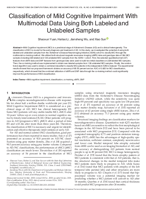 (PDF) Classification of Mild Cognitive Impairment With Multimodal Data Using Both Labeled and ...