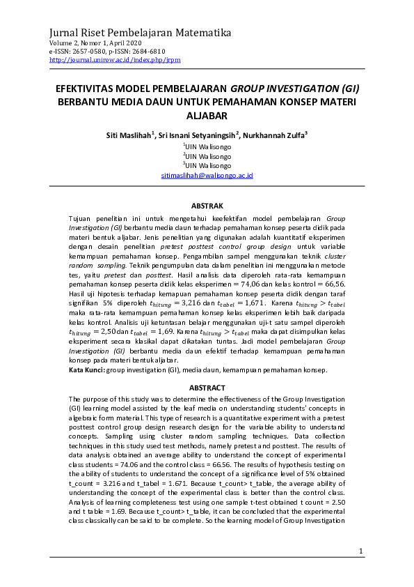 (PDF) Efektivitas Model Pembelajaran Group Investigation (Gi) Berbantu Media Daun Untuk ...