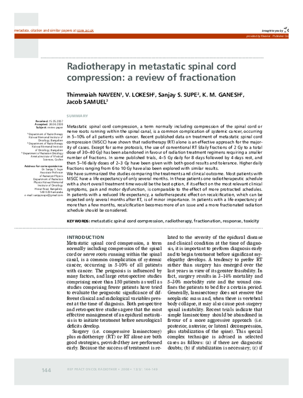 (PDF) Radiotherapy in metastatic spinal cord compression: a review of fractionation | Jacob ...