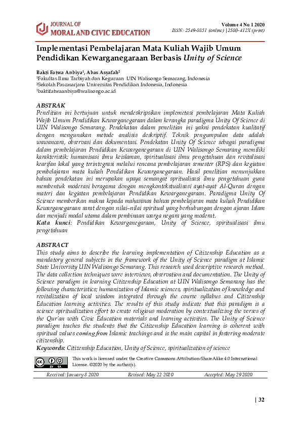 (PDF) Implementasi Pembelajaran Mata Kuliah Wajib Umum Pendidikan Kewarganegaraan Berbasis Unity ...