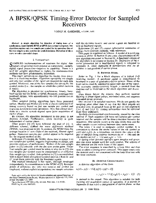 Pdf A Bpsk Qpsk Timing Error Detector For Sampled Receivers