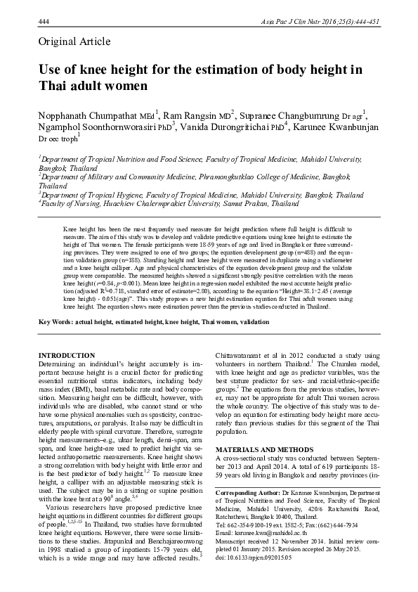 (PDF) Use of knee height for the estimation of body height in Thai adult women