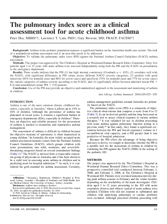 (PDF) The pulmonary index score as a clinical assessment tool for acute ...