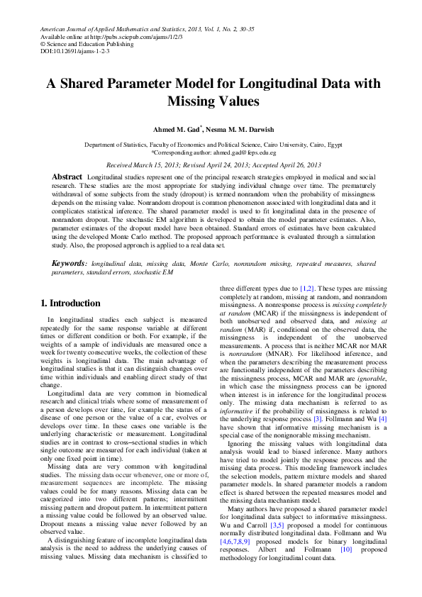 Pdf A Shared Parameter Model For Longitudinal Data With Missing Values 6073