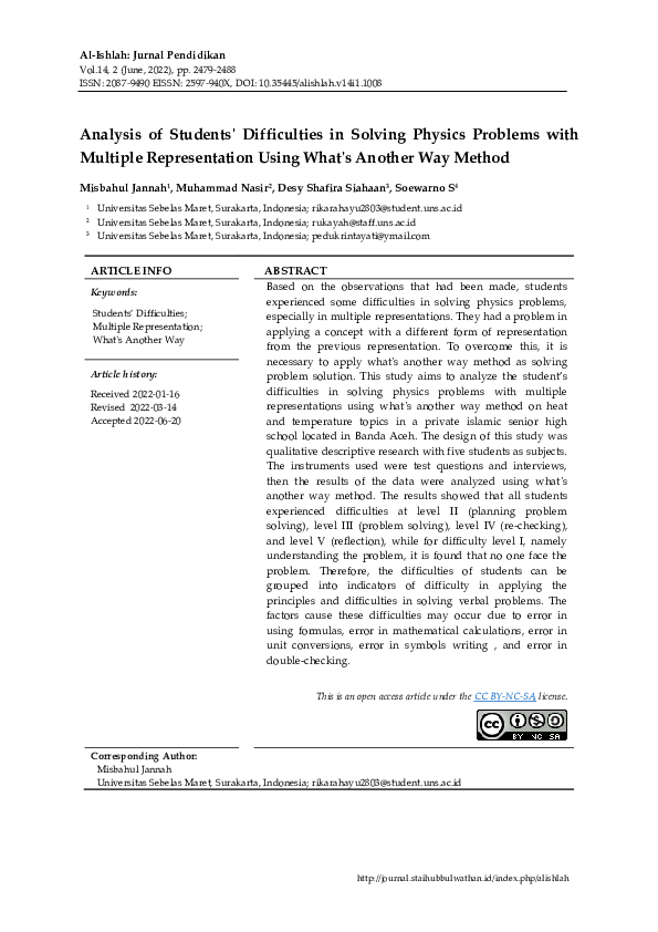 (PDF) Analysis of Students' Difficulties in Solving Physics Problems with Multiple ...