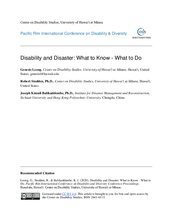 (PDF) Disability and Disaster: What to Know - What to Do