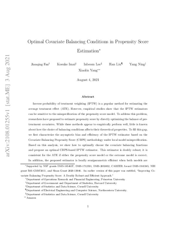 Pdf Optimal Covariate Balancing Conditions In Propensity Score Estimation