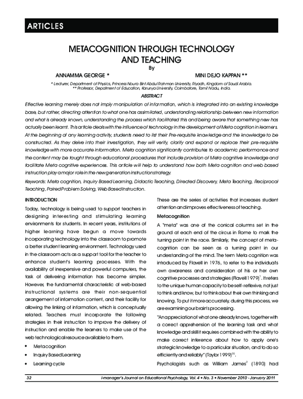 (PDF) Metacognition Through Technology And Teaching | ANNAMMA GEORGE - Academia.edu