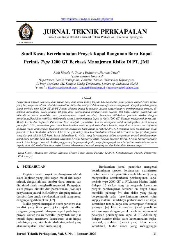 (PDF) Studi Kasus Keterlambatan Proyek Kapal Bangunan Baru Kapal Perintis Type 1200 GT Berbasis ...