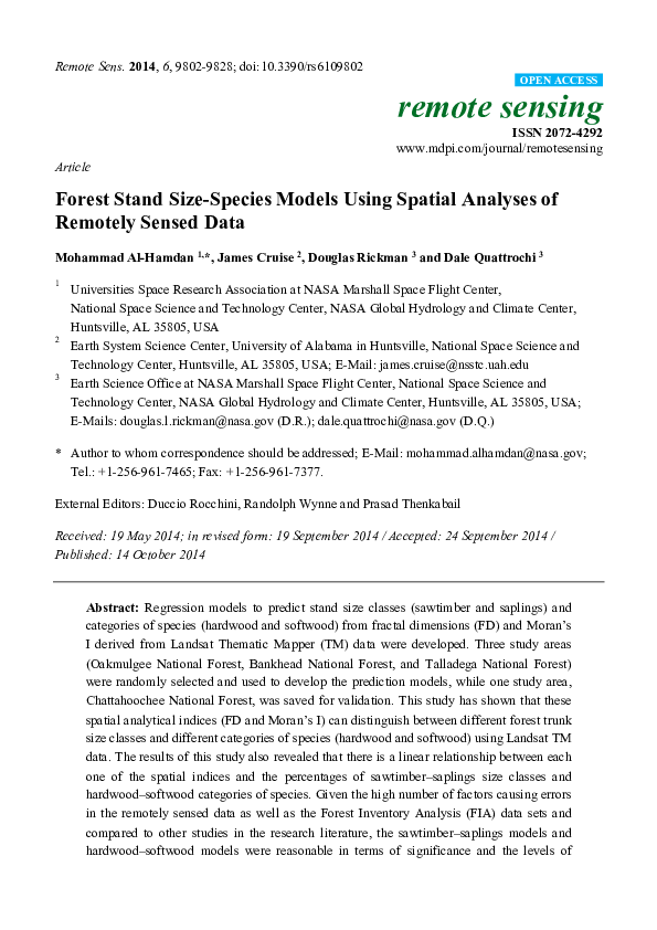 (PDF) Forest Stand Size-Species Models Using Spatial Analyses of Remotely Sensed Data