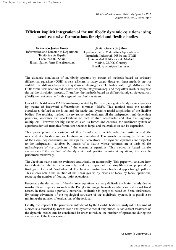 (PDF) 58731 EFFICIENT IMPLICIT INTEGRATION OF THE MULTIBODY DYNAMIC ...