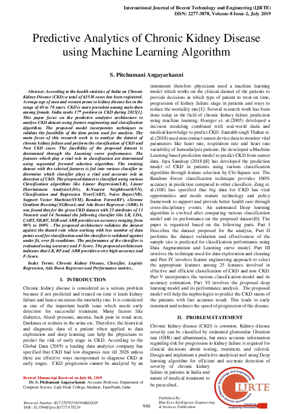 (PDF) Predictive Analytics of Chronic Kidney Disease using Machine Learning Algorithm
