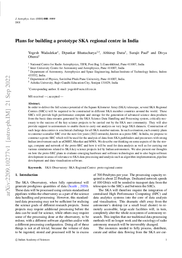 (PDF) Prototype SKA Regional Centre Plans in India